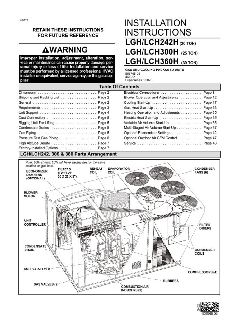 Installation Instructions: Warning LGH/LCH242H LGH/LCH300H LGH/LCH360H ...
