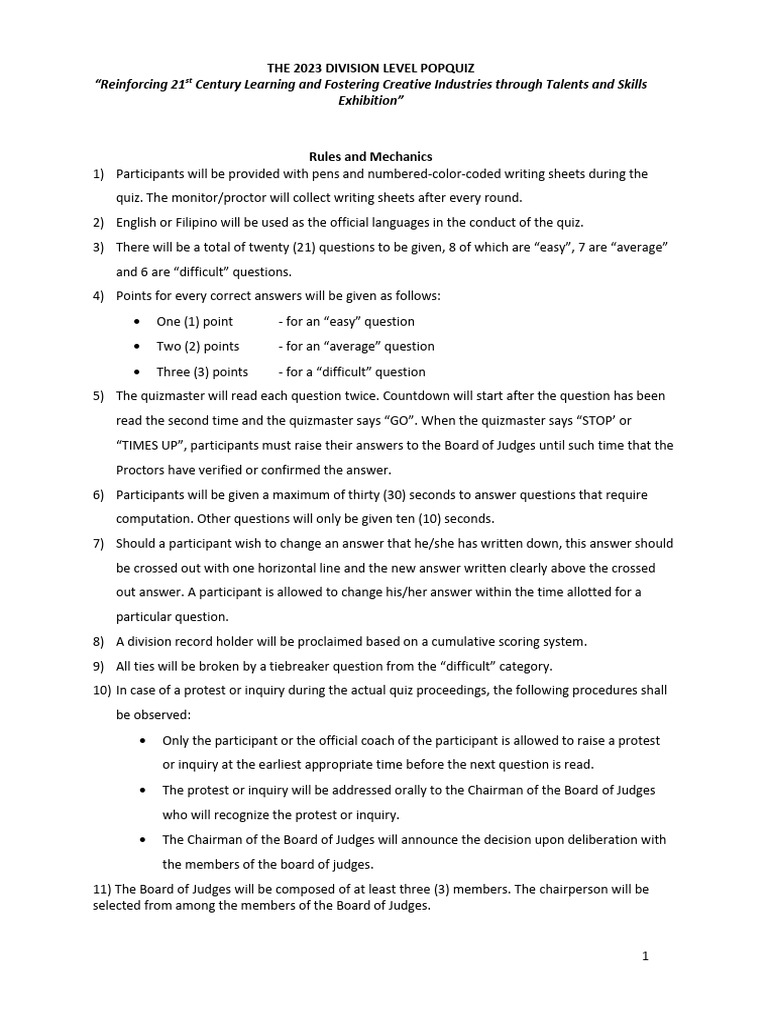 2023 Division Level Pop Quiz Guidelines | PDF | Family Planning ...