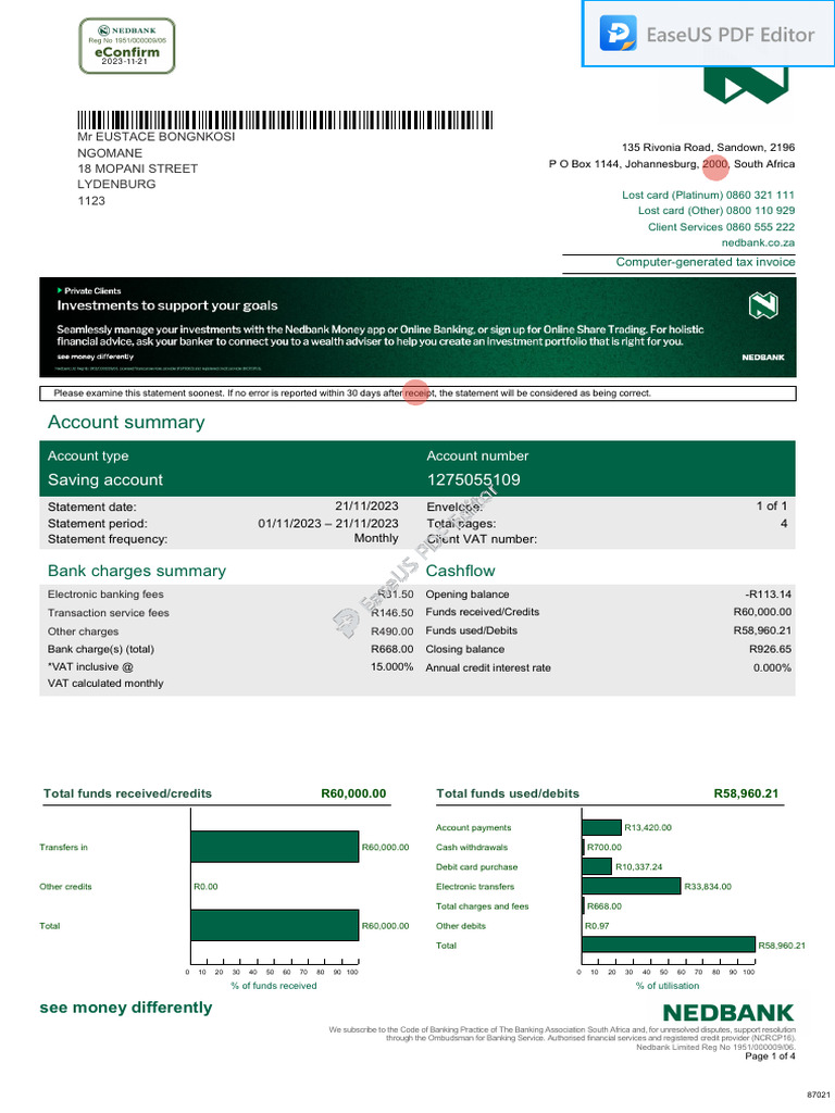 Nedbank Bank Statement Overview | PDF | Banks | Fee