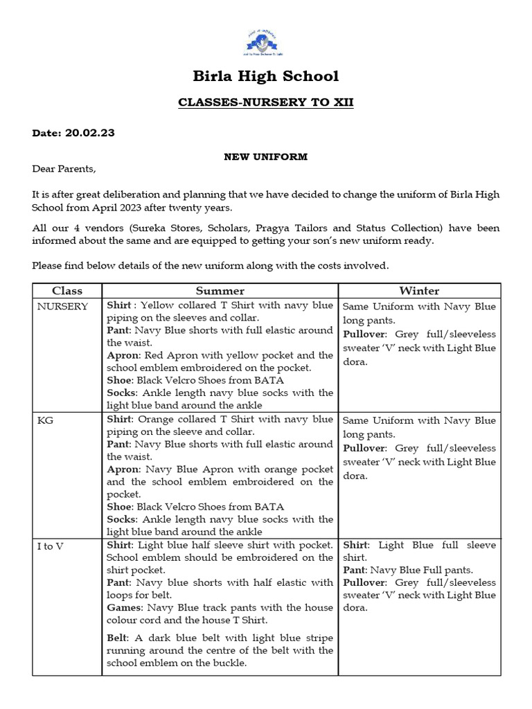 Birla High School Uniform Change Notice | PDF | Sweater | Sock