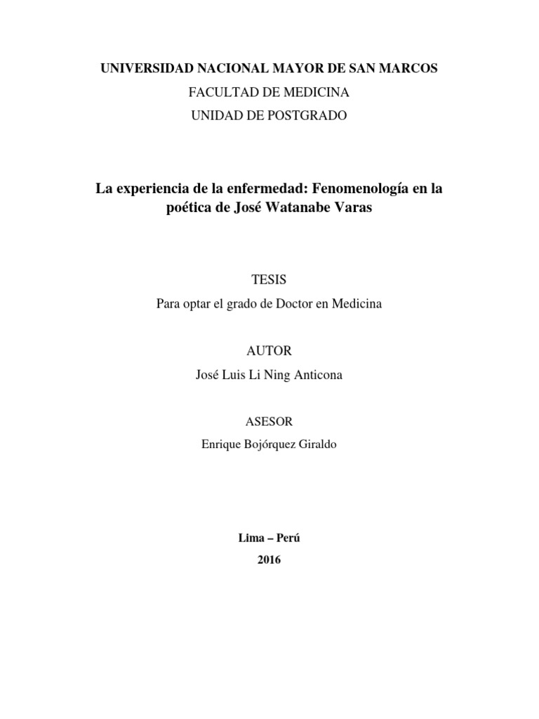 La experiencia de la enfermedad. Fenomenología en la poética de José Watanabe - José Li Ning ...