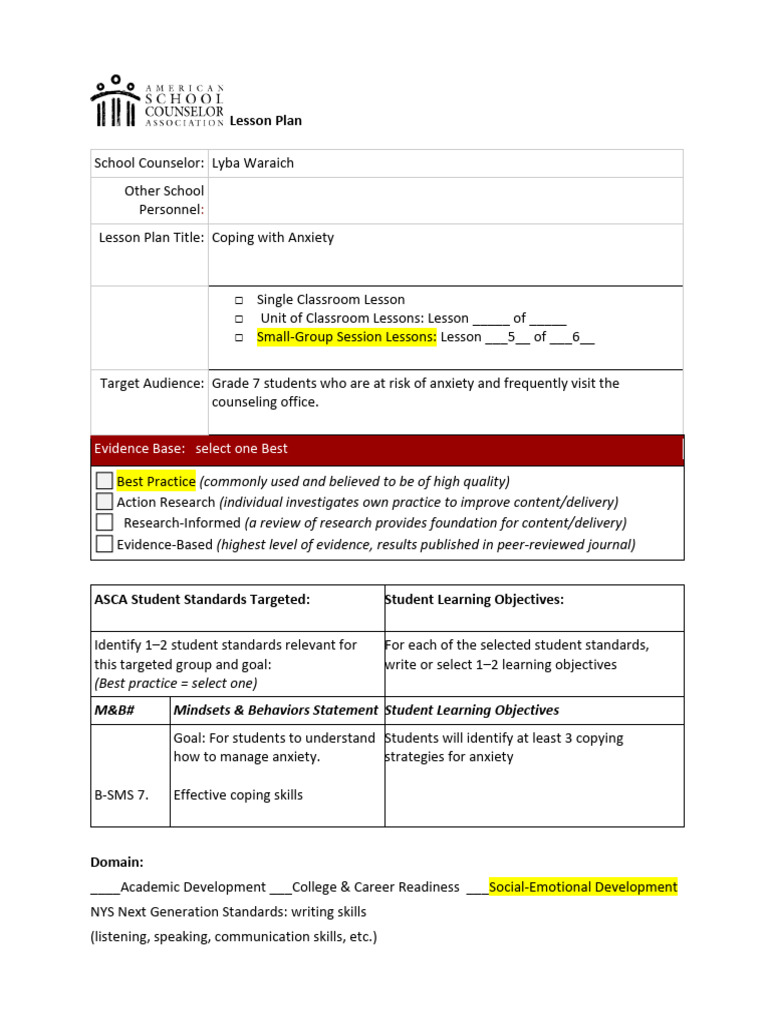 Lesson Plan 5 | PDF | School Counselor | Anxiety