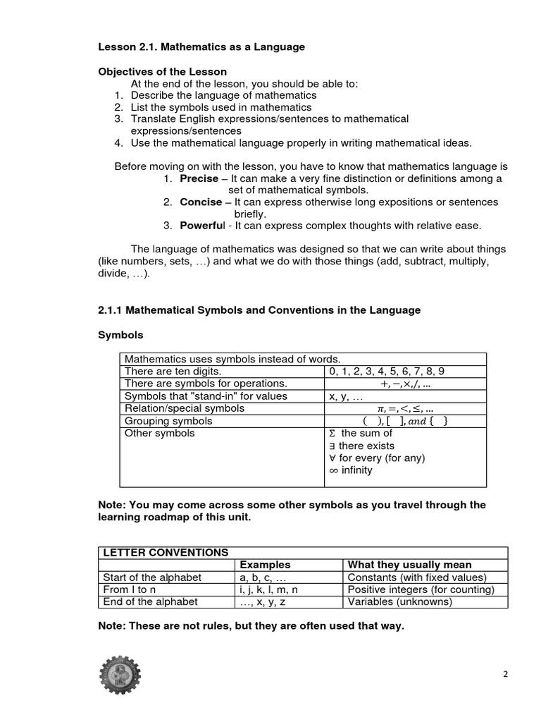 Unit 2 The Language of Mathematics | PDF | Set (Mathematics ...