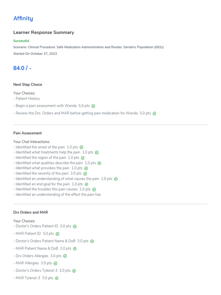 Medication Administration Vsim Response Summary | PDF | Pain | Nursing