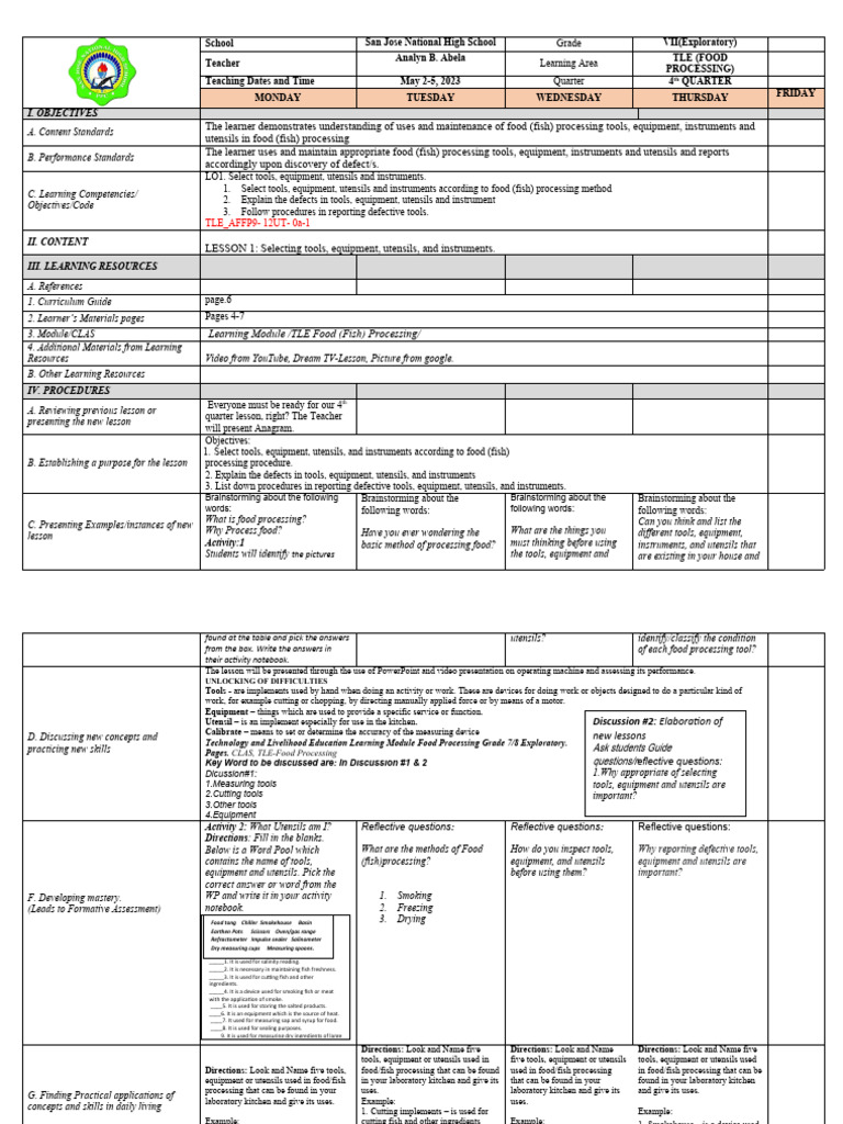 DLP 1 - WEEK 1-Food Processing-Tools, Equipment | PDF | Tools | Kitchen Utensil