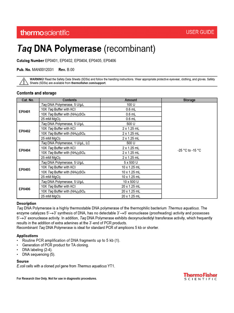 TaqDNAPolymerase Recombinant | PDF | Polymerase Chain Reaction | Taq ...