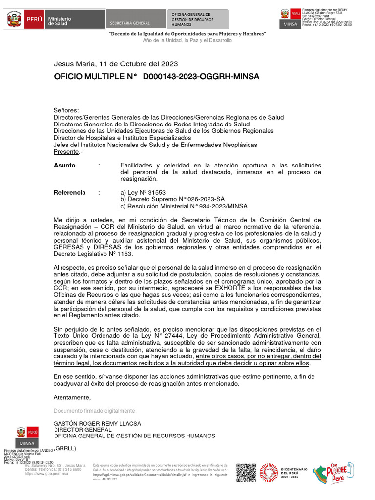 Oficio Multiple 000143 2023 Oggrh | PDF