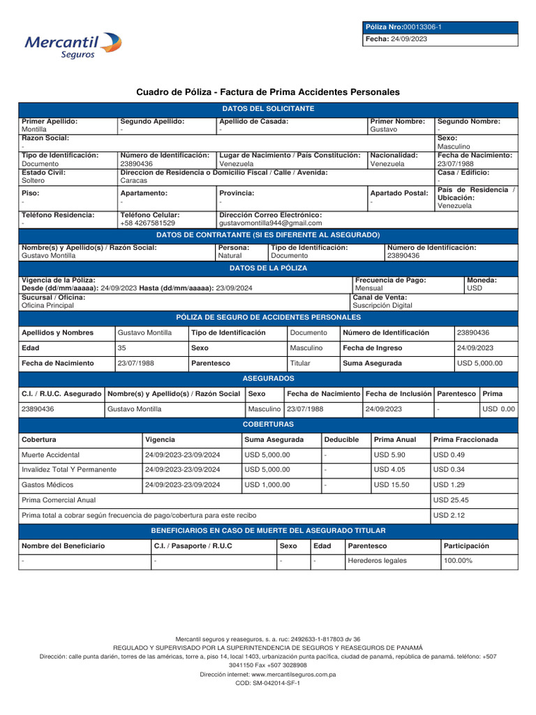 Gustavo Montilla - Cobertura | PDF | Póliza de seguros | Reaseguro
