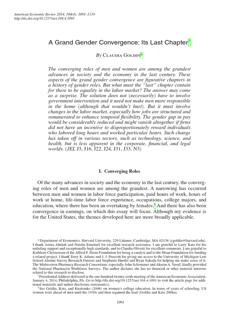 Goldin 2014 A Grand Gender Convergence Its Last Chapter | PDF | Gender ...