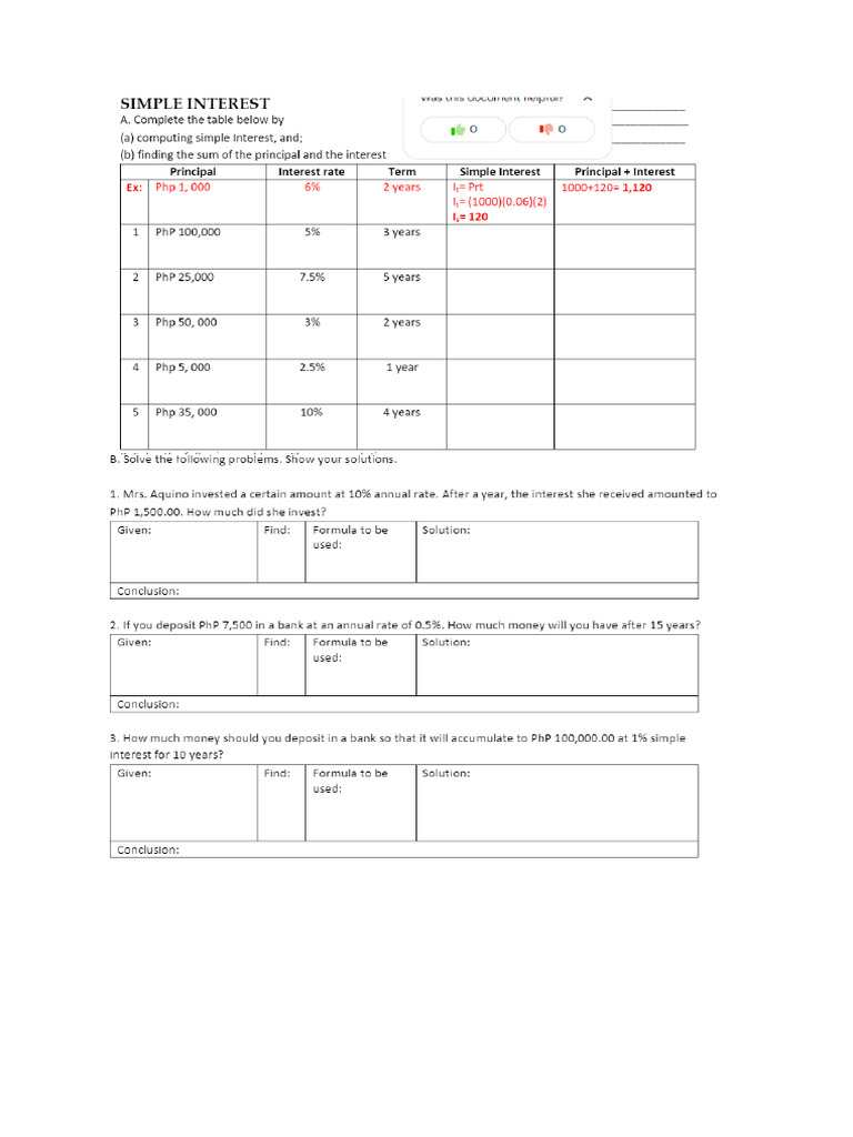 Simple Interest Worksheet | PDF