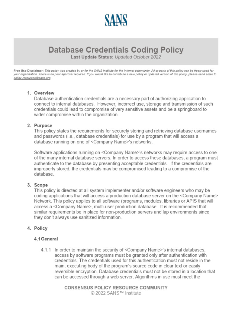 Database Credentials Policy | PDF | Password | Databases
