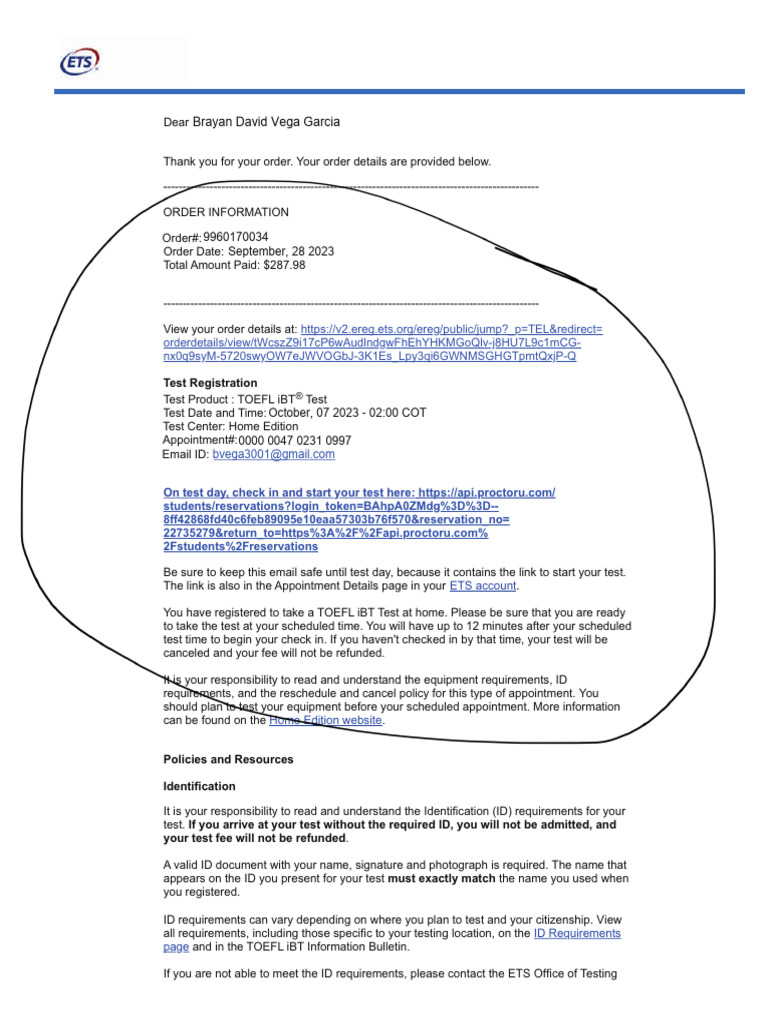 Your TOEFL Order Confirmation Bvega3001@Gmail | PDF | Test Of English ...
