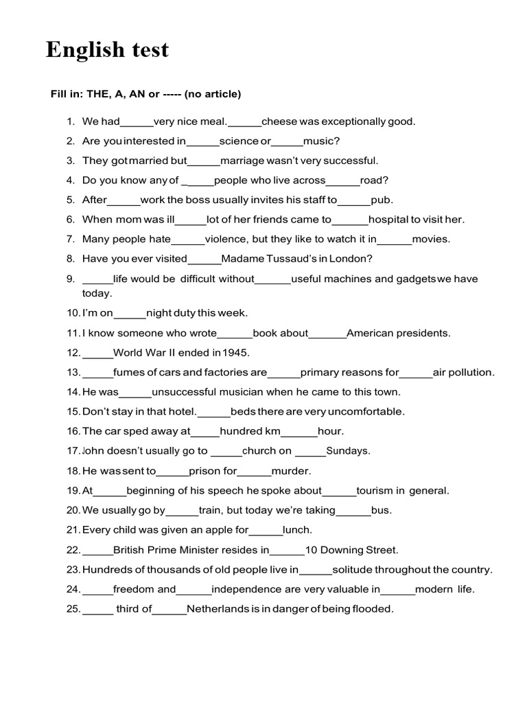 English Grammar Test: Articles & Verbs | PDF | Art