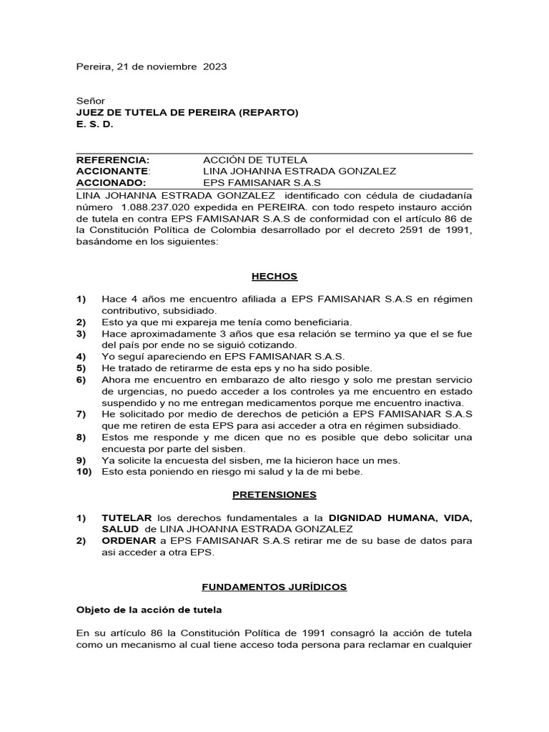 Tutela Lina Jhonna Estrada | PDF | Caso de ley | Derecho Constitucional