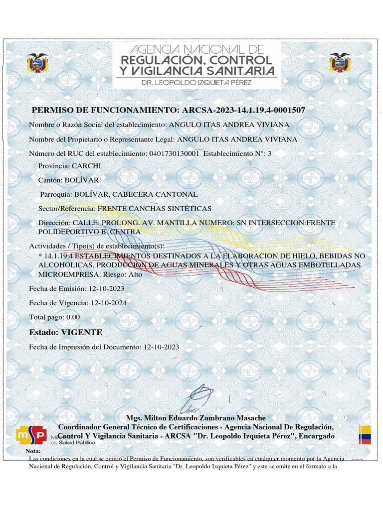 Permiso - Funcionamiento ARCSA 2023-2024 | PDF