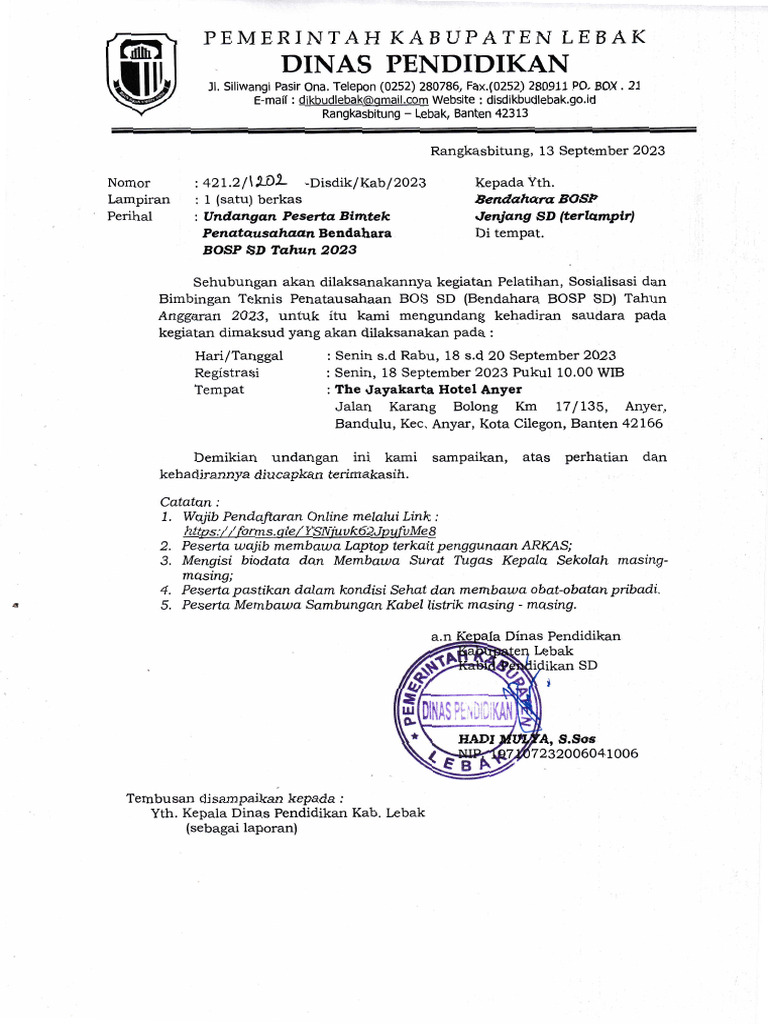 Asurat Undangan Peserta Bimtek Bendahara Bosp SD Tahun 2023 Ok | PDF