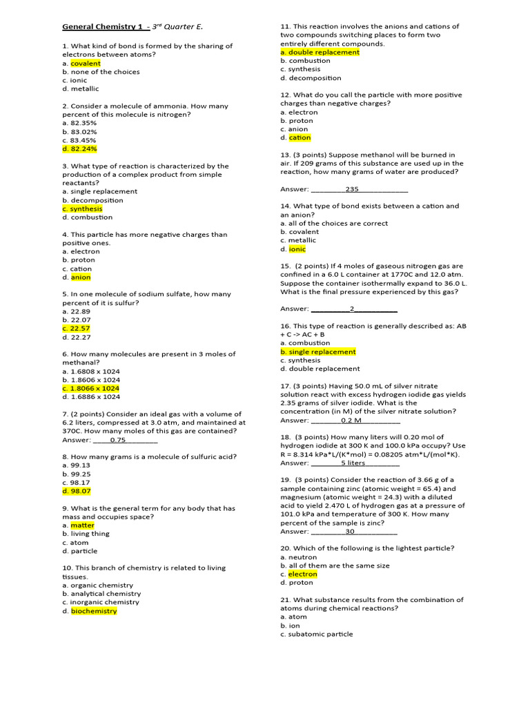 Grade 9-10 Chemistry Revision Questions | PDF | Ion | Chemical Bond
