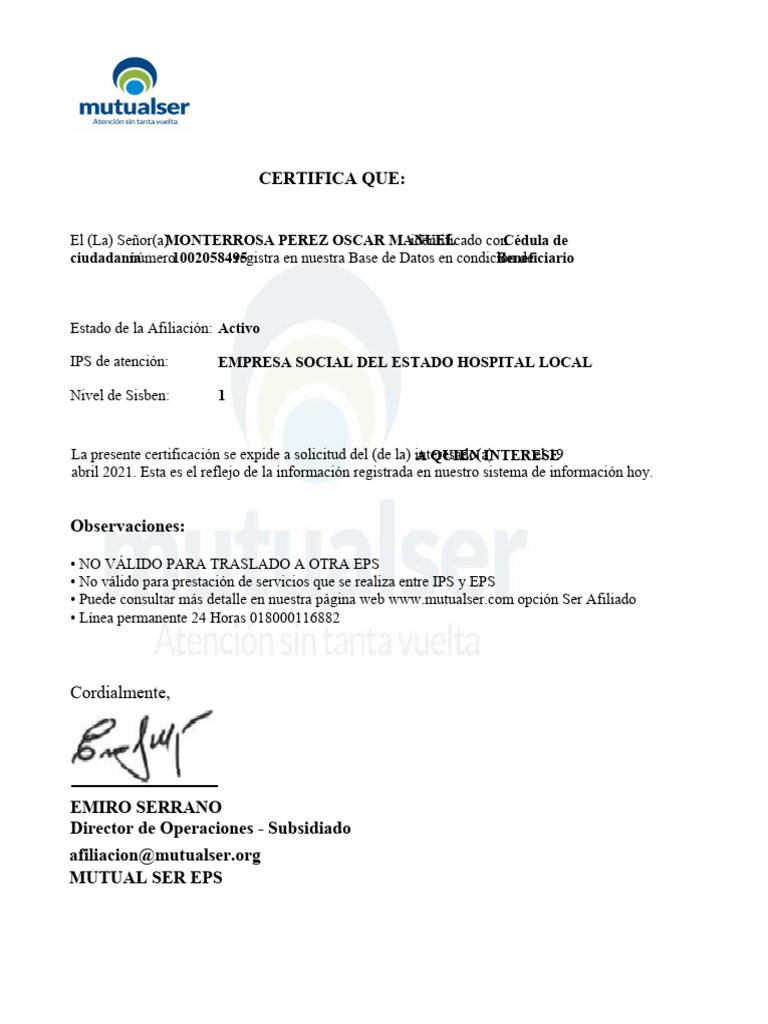 Certificado de Afiliación Mutual Ser | PDF