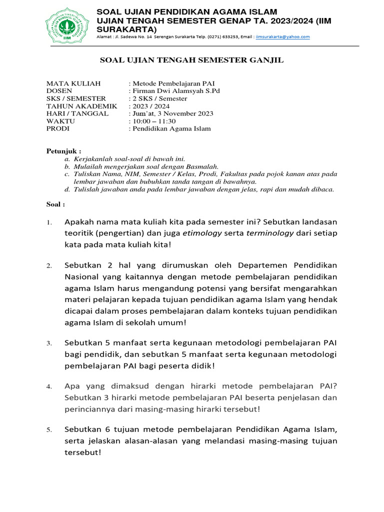 Format Soal UTS Metode Pembelajaran PAI IIM-MABAIS | PDF