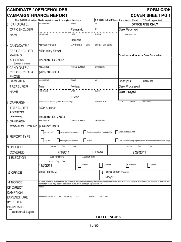 Candidate / Officeholder Form C/Oh Campaign Finance Report Cover Sheet PG 1 | PDF | Political ...