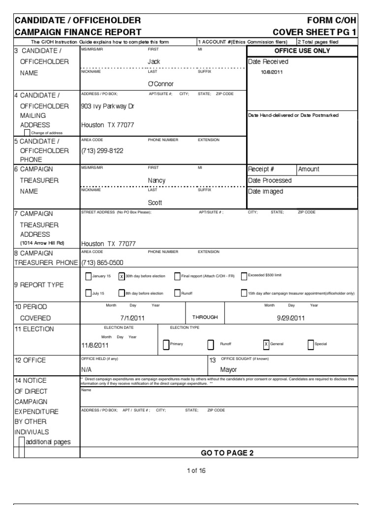 Candidate / Officeholder Form C/Oh Campaign Finance Report Cover Sheet ...