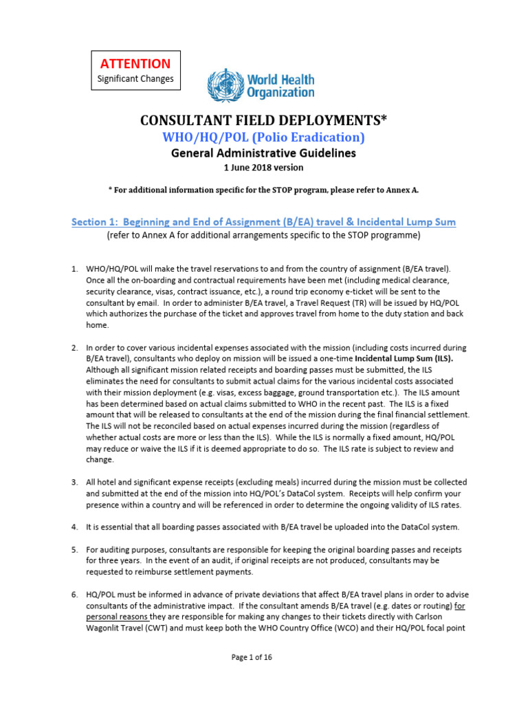WHO Field Consultant Deployment Guidelines - 1 - 6 - 18 | PDF | Insurance | World Health ...