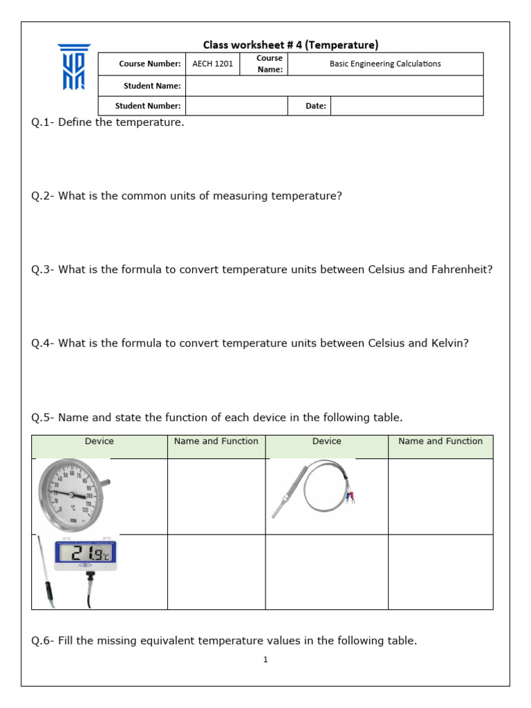 Class Worksheet # 4 Temperature | PDF