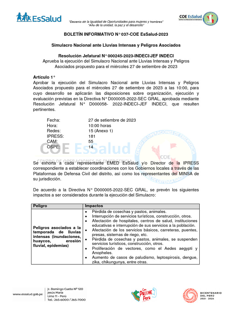 Boletin Informativo 037 COE ESSALUD 2023 Simulacro Nacional Ante ...