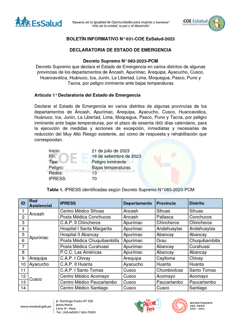 Boletin Informativo 031 COE ESSALUD 2023 DS 083-2023 Bajas Temperaturas | PDF