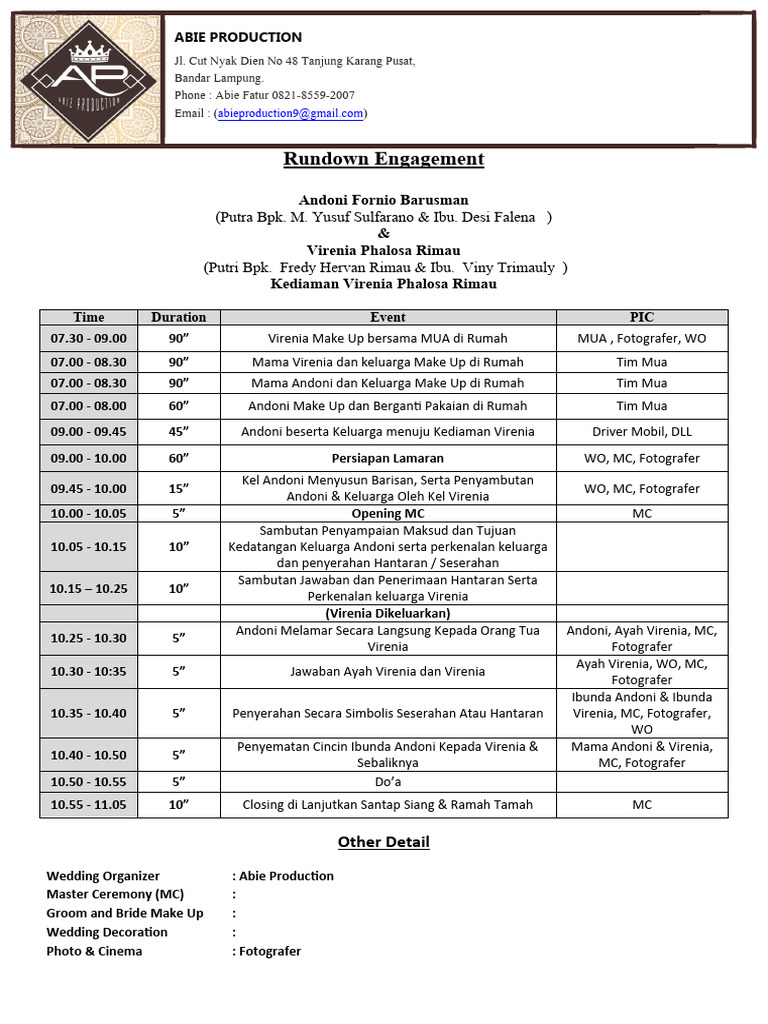 Rundown Acara Lamaran Andoni & Virenia | PDF