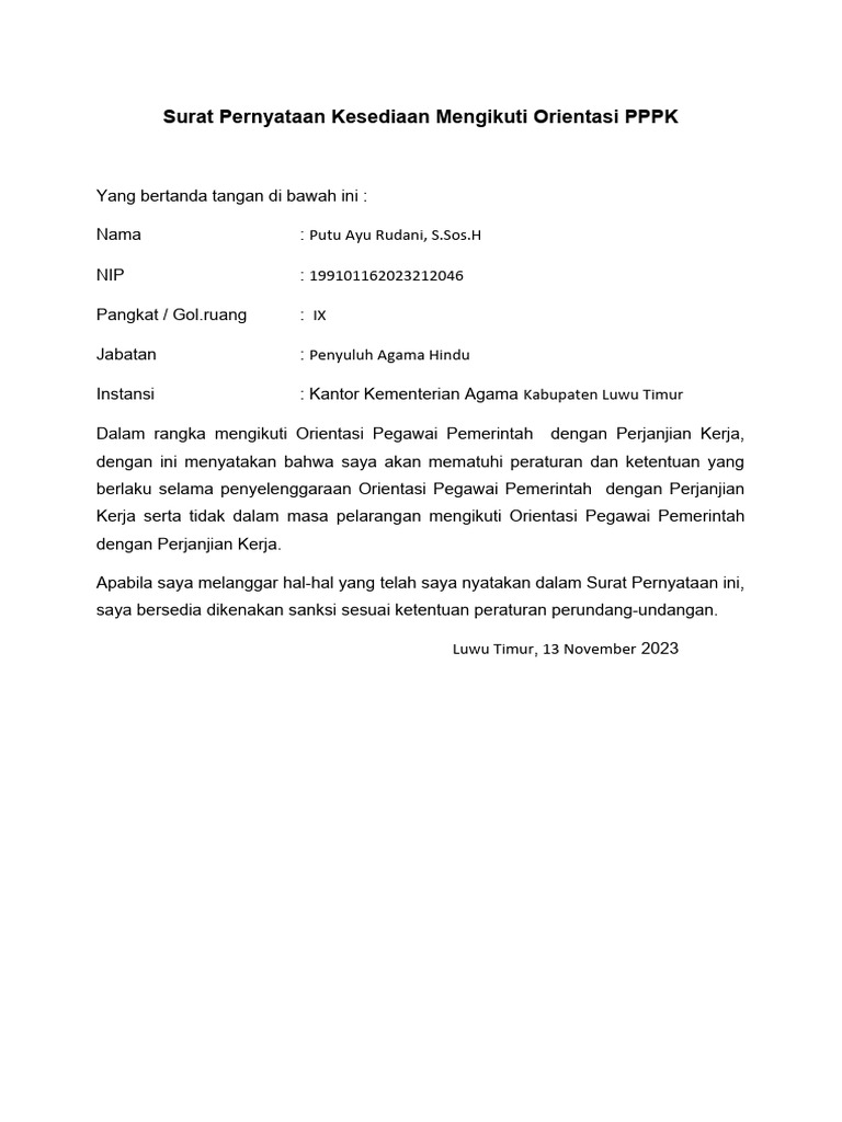 Surat Kesediaan PPPK | PDF