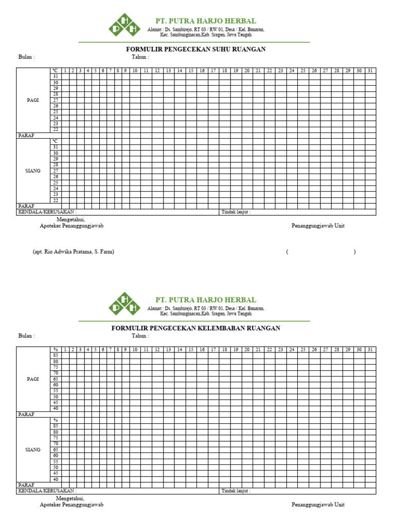 Formulir Pengecekan Suhu Ruangan | PDF