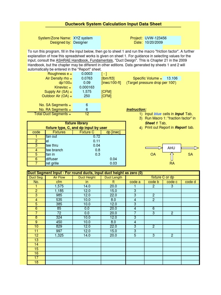 Ductwork System Calculation Input Data Sheet: Fixture Library Fixture ...