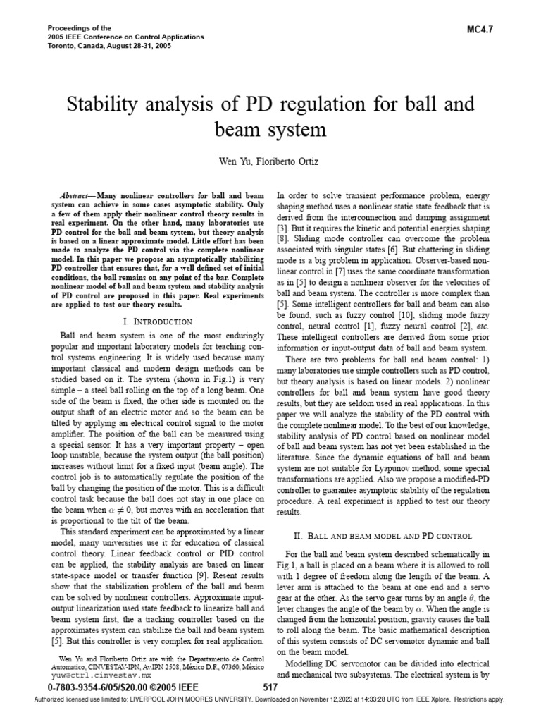 Stability Analysis of PD Regulation For Ball and Beam System | PDF ...
