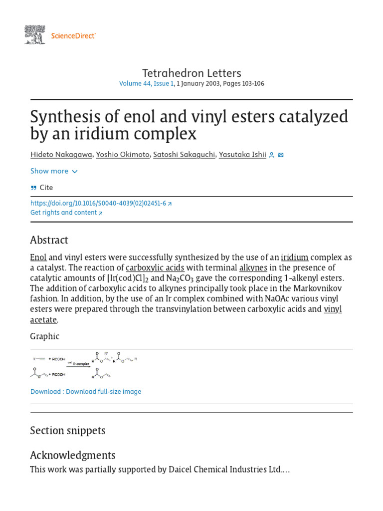 Synthesis of Enol and Vinyl Esters Catalyzed by An Iridium Complex ScienceDirect | PDF | Ester ...