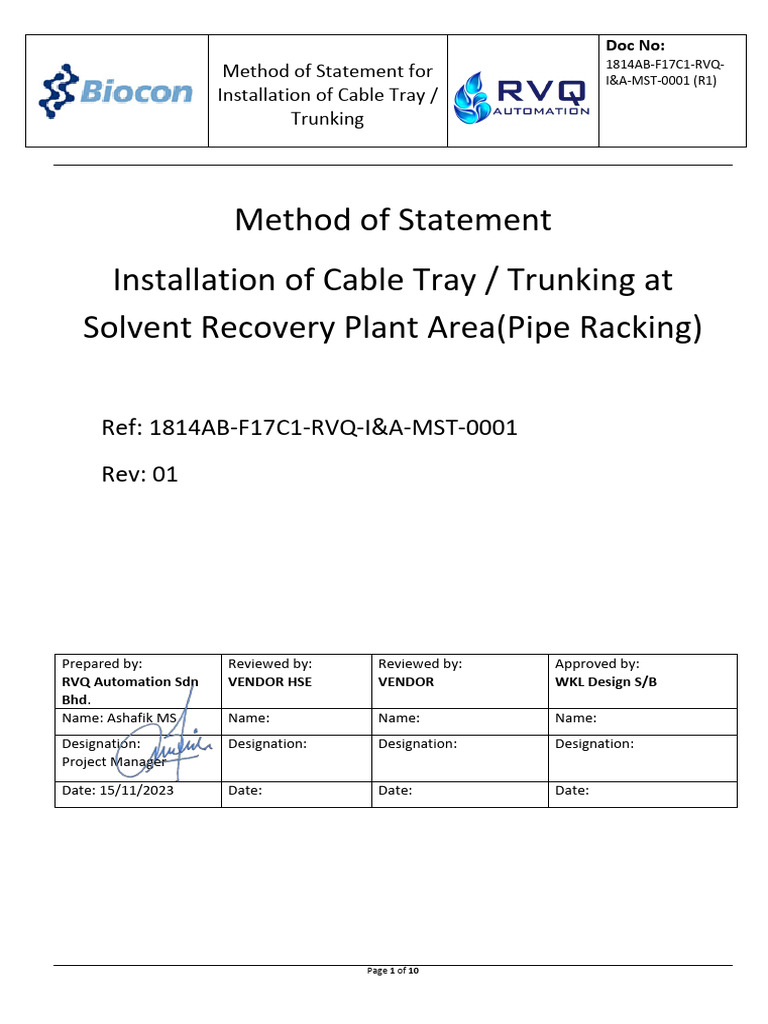 Cable Tray Installation Method Statement | PDF | Screw | Anchor