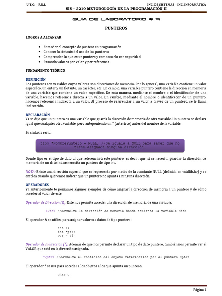 Guia 9 Sis-2210 Punteros | PDF | Puntero (Programación de computadora) | Ciencias de la Computación