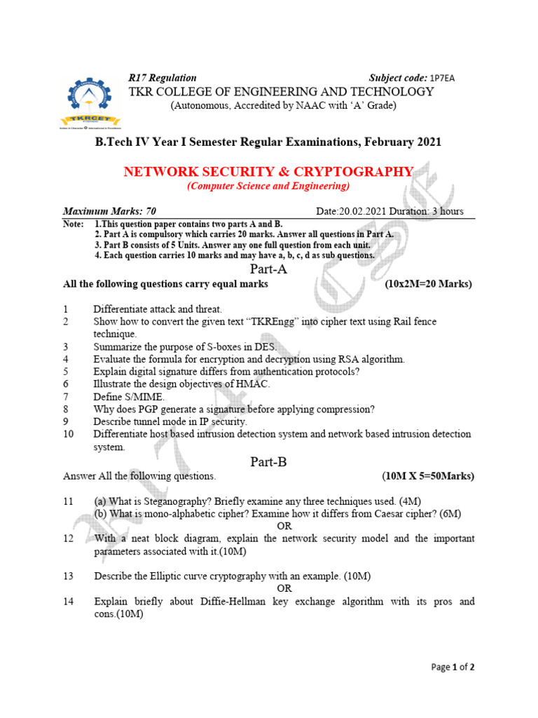 IV-I-Reg-NETWORK SECURITY & CRYPTOGRAPHY | PDF | Encryption | Cryptography
