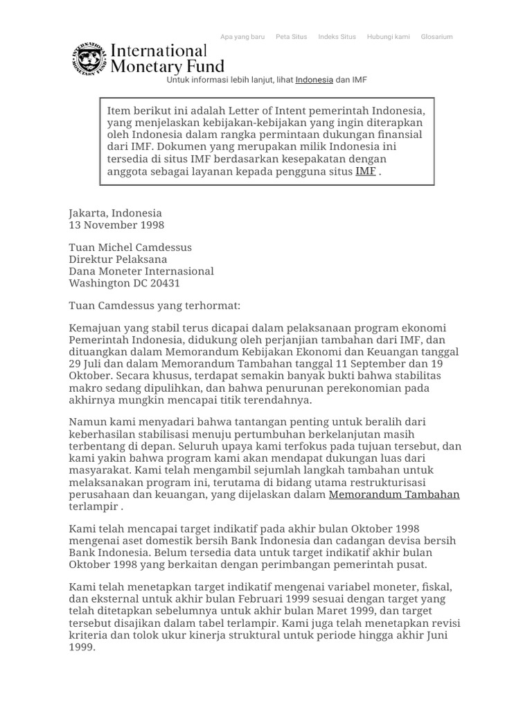 Letter of Intent IMF Indonesia 1998 | PDF | Pengelolaan Keuangan & Uang