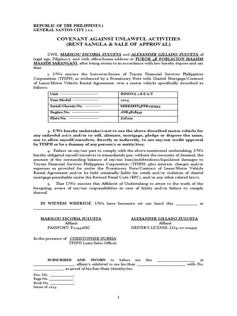 Affidavit of Undertaking | PDF | Loans | Affidavit