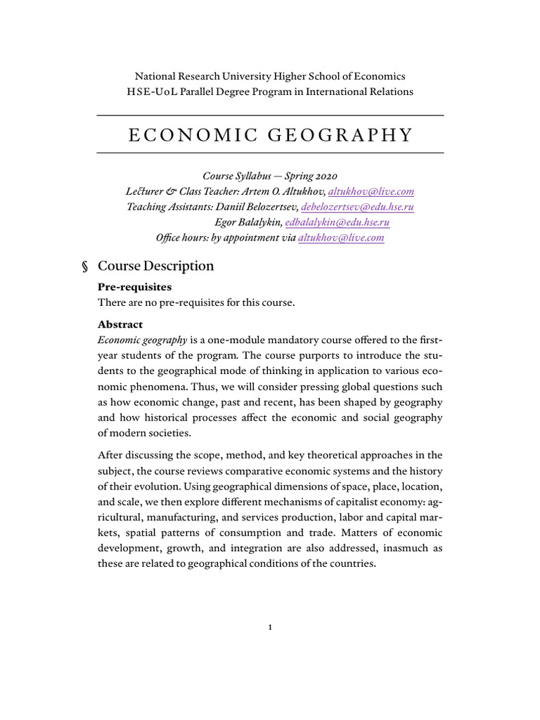 Economic Geography Syllabus 2020 Real | PDF | Economies | Geography