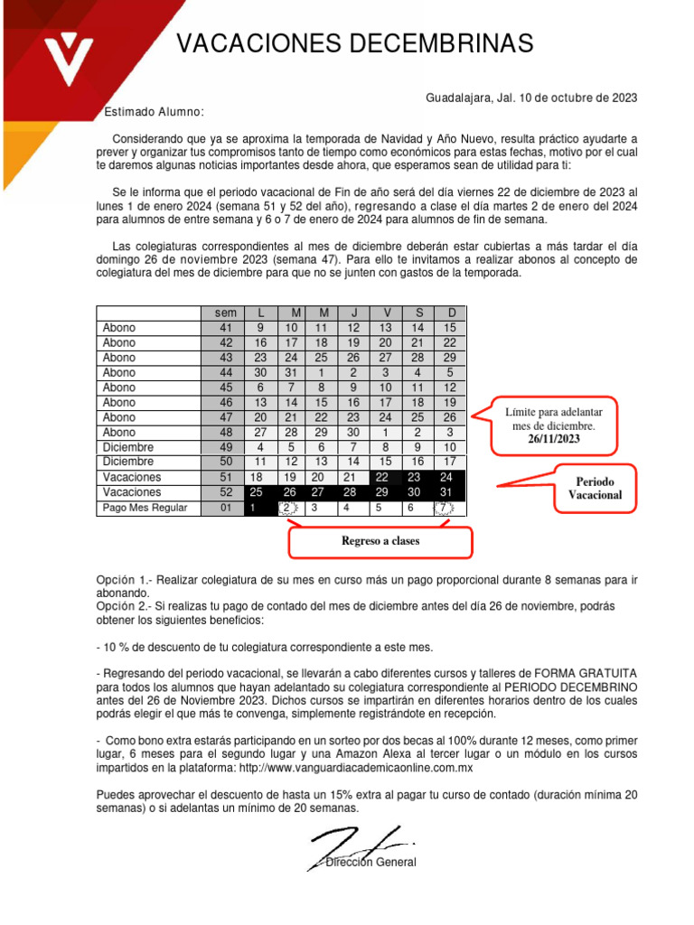 Aviso Vacaciones Dic 23 | PDF