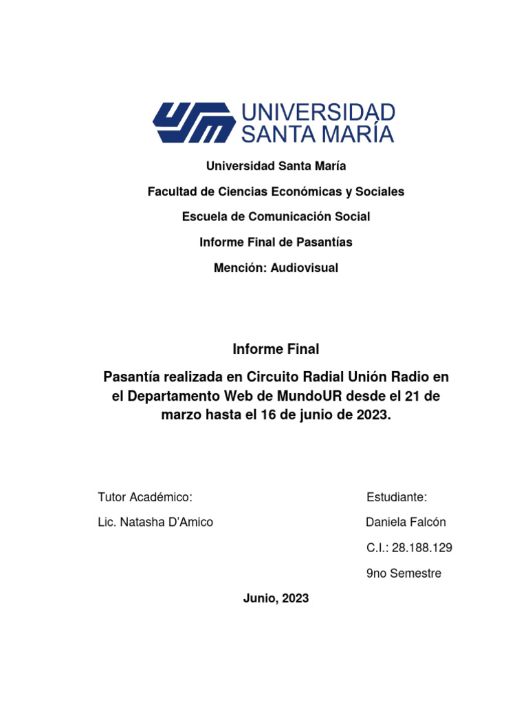 Falcón Daniela - Informe de Pasantía | PDF | Radiodifusión | Youtube