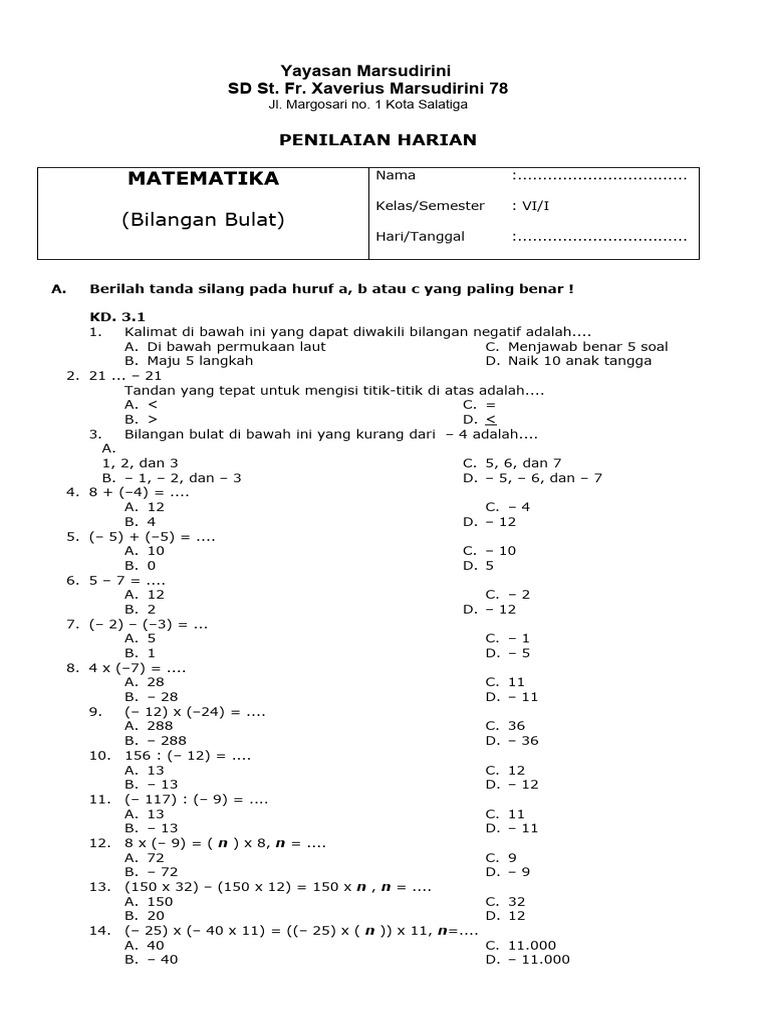 Soal Penilaian Harian Matematika Kelas 6 Semester 1 (Bilangan Bulat) | PDF