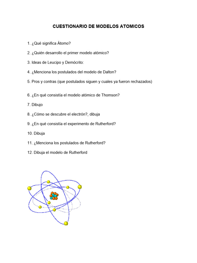 Cuestionario de Modelos Atomicos | PDF