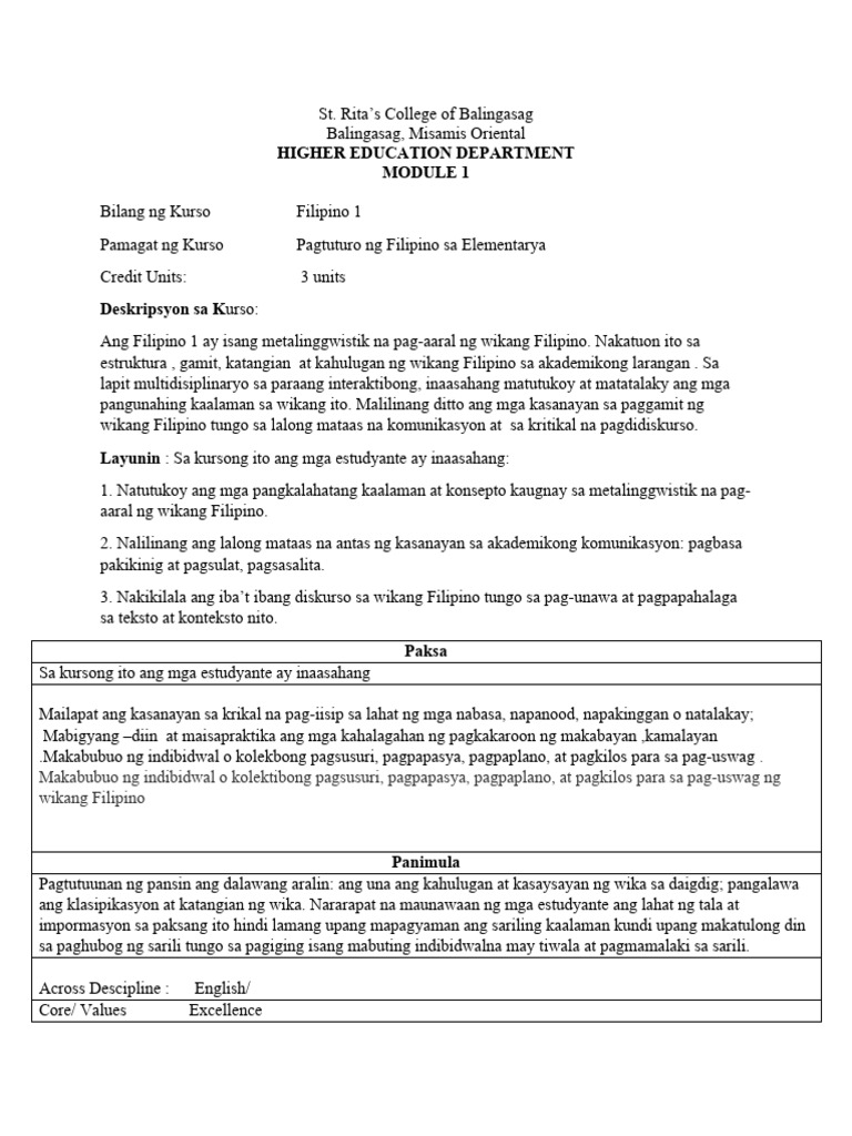 Module Filipino 1 Pagtuturo NG Filipino Sa Elementarya | PDF