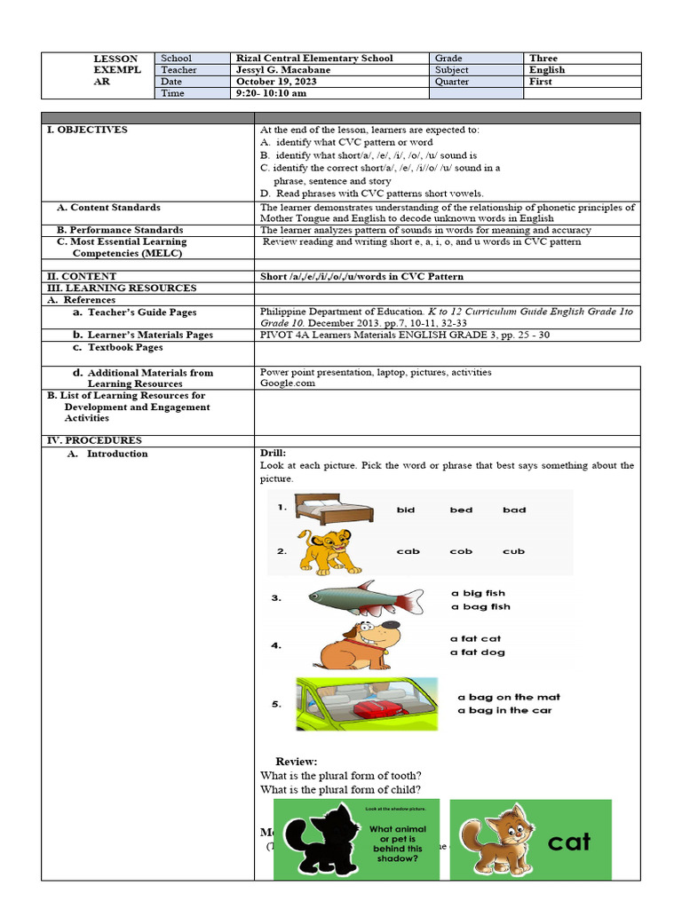 CVC Pattern Lesson Plan for Grade 3 | PDF | English Language | Human Communication