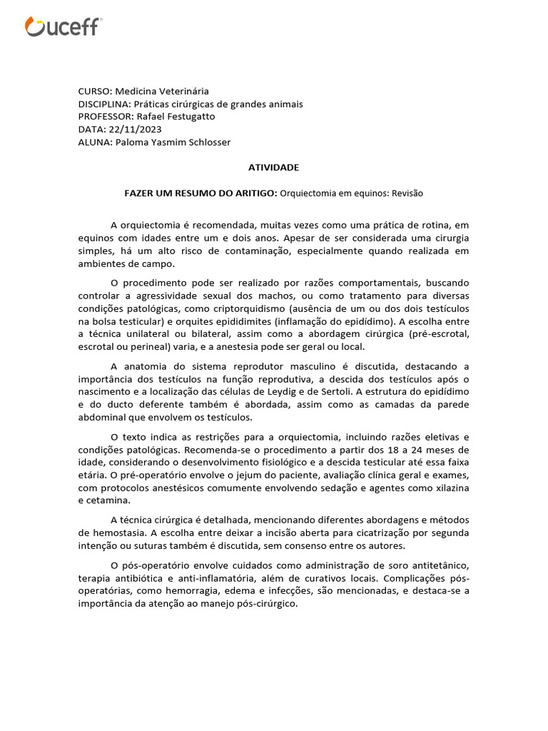 Atividade Orquiectomia em Equino | PDF | Autoajuda | Ciências e Matemática