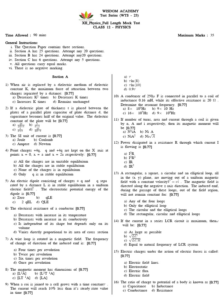 Class 12 Physics Full Length Mock Test | PDF | Inductance | Inductor