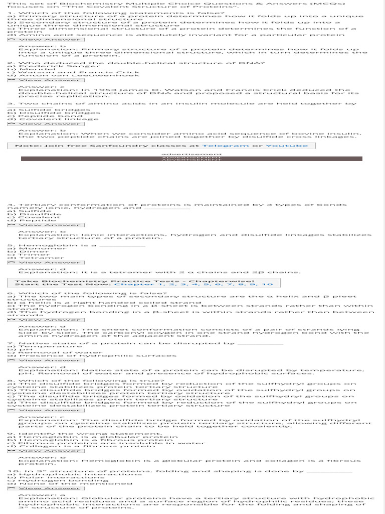 Protein Structure MCQs & Answers | PDF | Protein Structure | Proteins